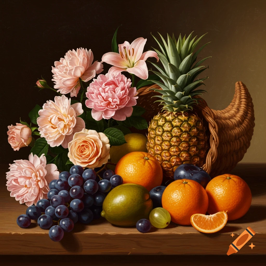 Still life painting of a cornucopia filled with pineapple, oranges ...
