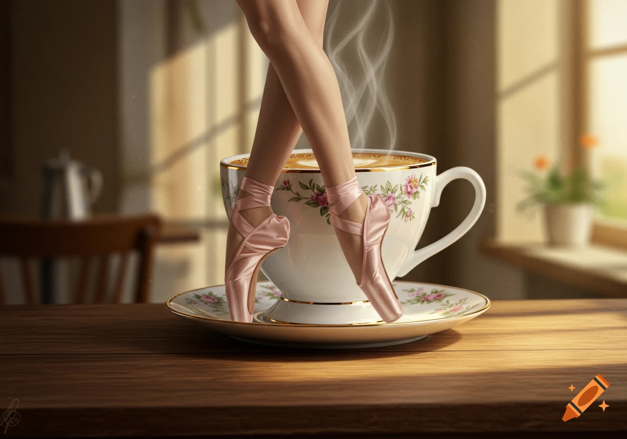 Photorealistic image of bare legs in pink pointe ballet shoes standing on a steaming cup of ...