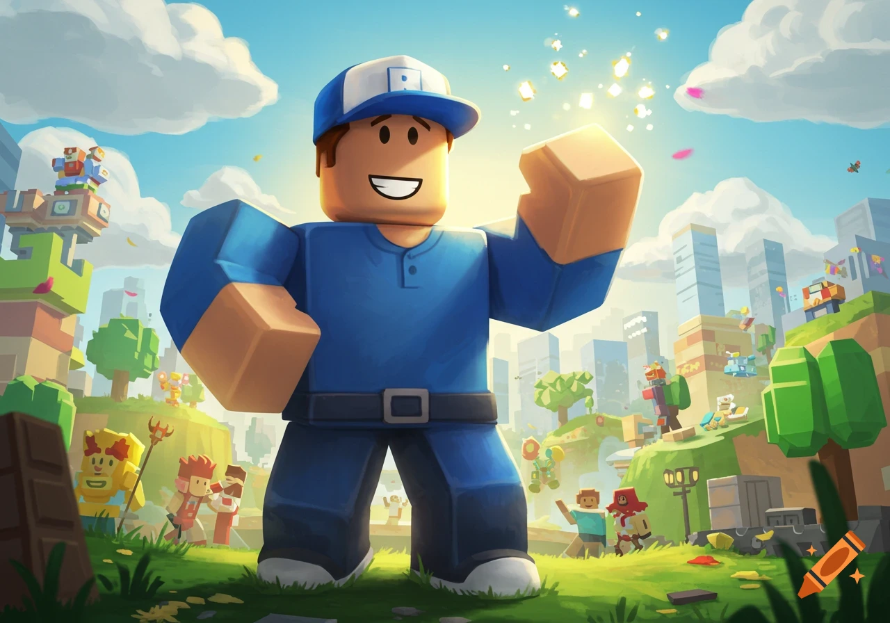 Four Roblox characters walk down a vibrant, painterly cityscape street ...