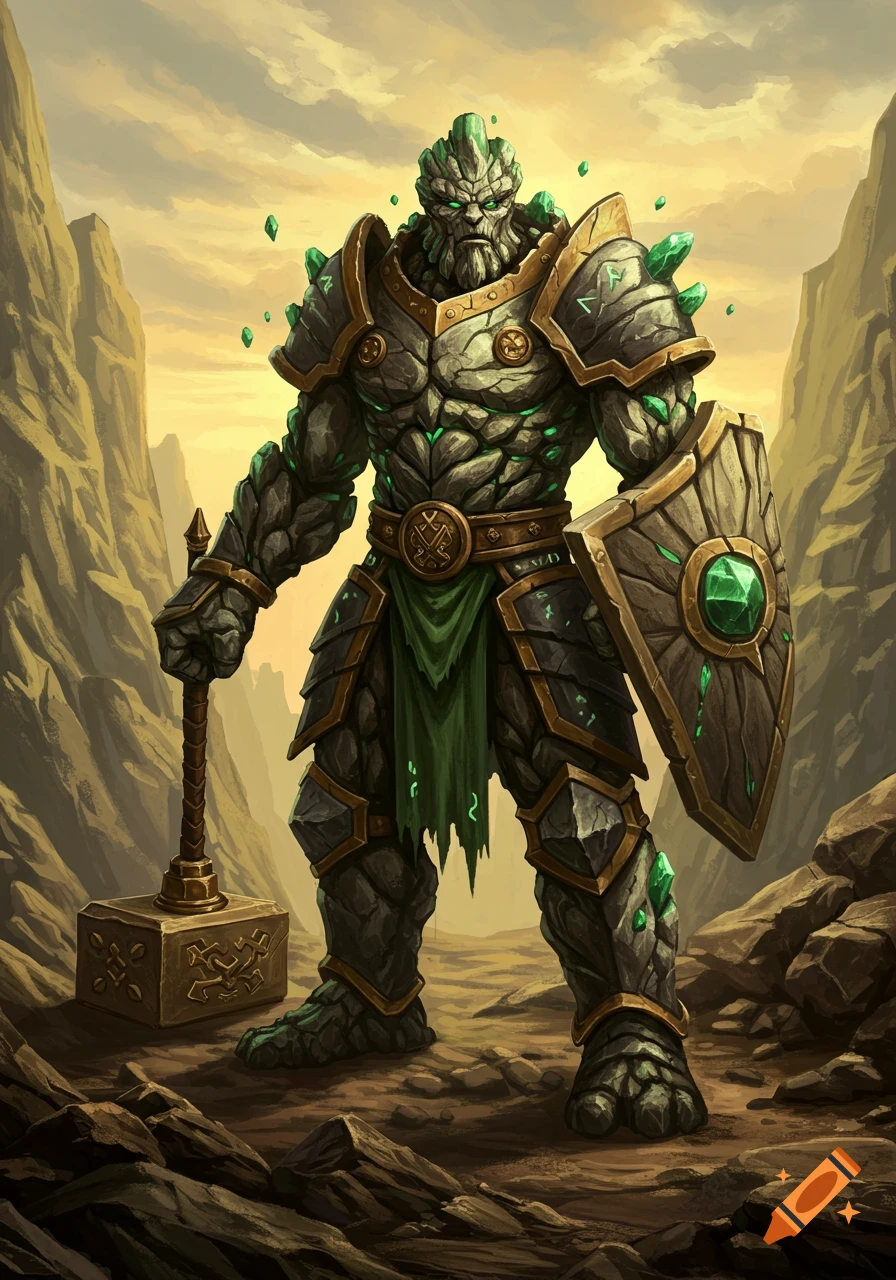 A powerful earth elemental warrior with glowing green eyes, made of ...