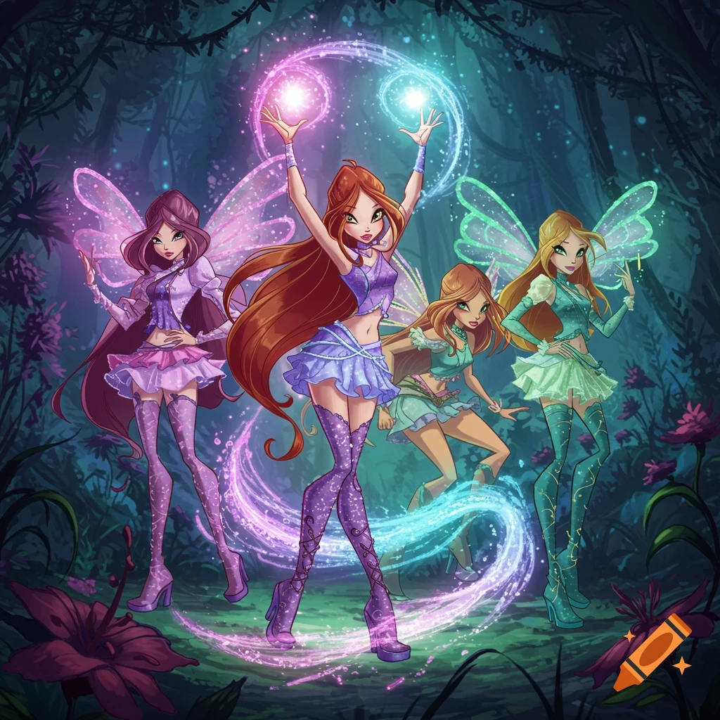 Four vibrant Winx Club-style fairies with wings cast colorful magic in ...