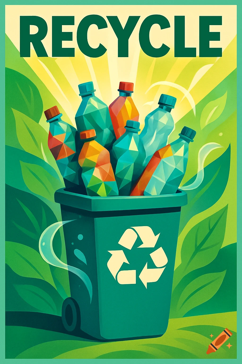 Stylized poster with 'RECYCLE' text, a green bin full of colorful ...