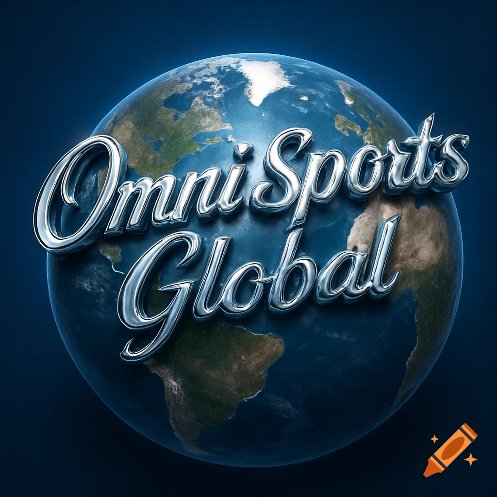 Polished chrome text 'Omni Sports Global' over a detailed Earth globe ...