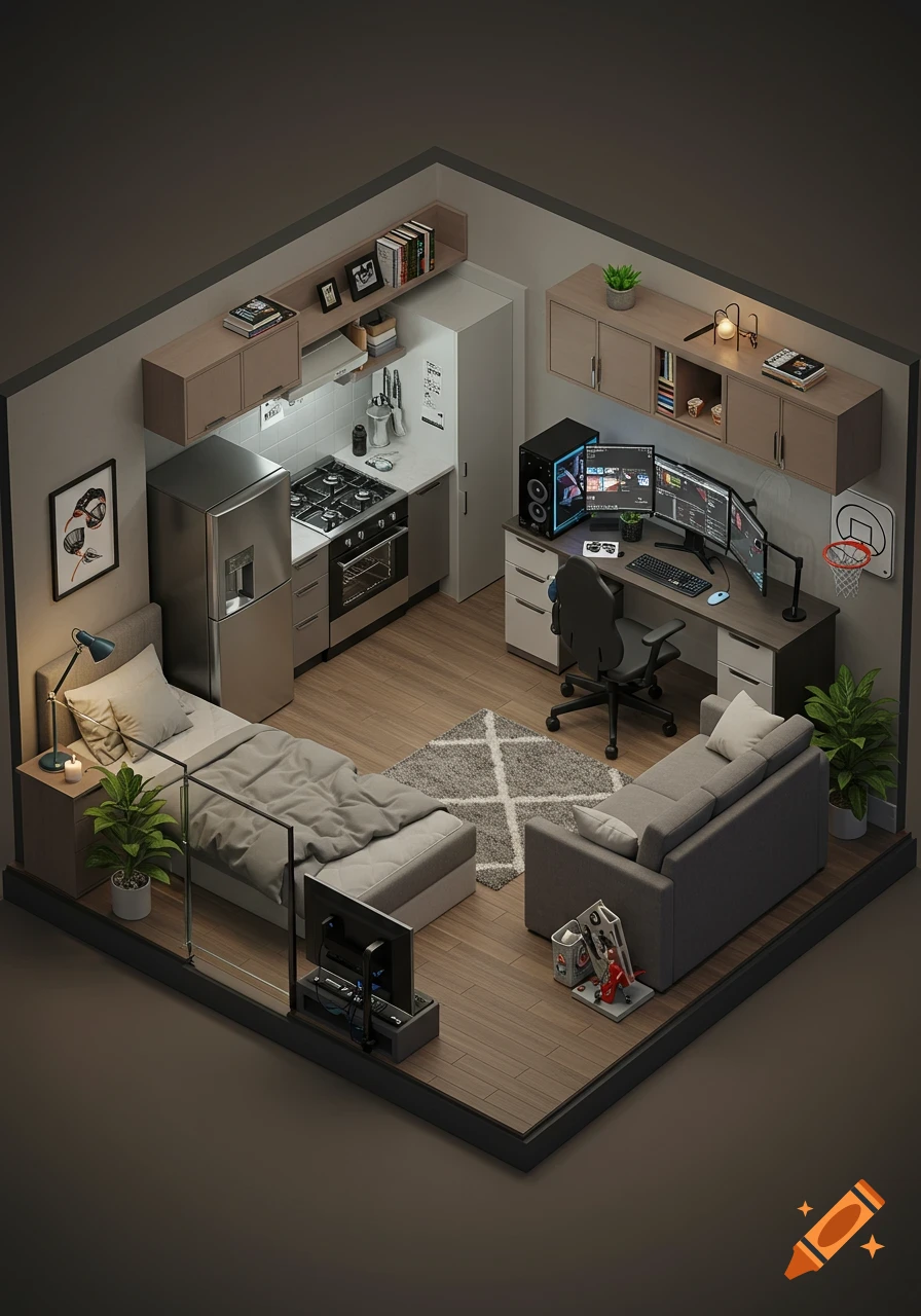 A modern bedroom with a large black and white race car mural over the ...