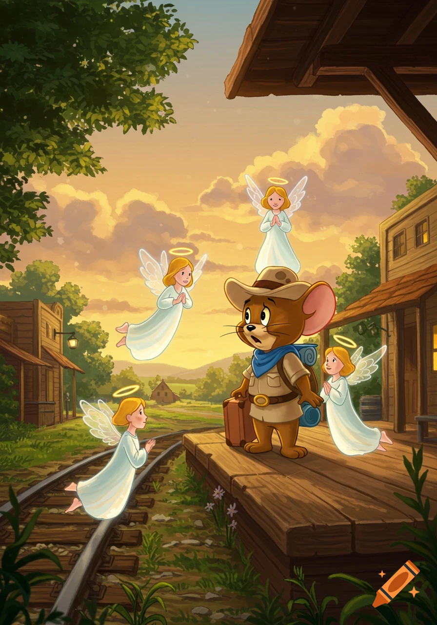 A cartoon Jerry mouse in cowboy attire with a suitcase stands on a ...