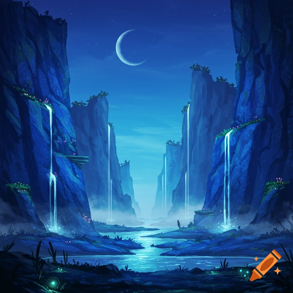 A mystical blue landscape with towering cliffs, glowing waterfalls, and ...