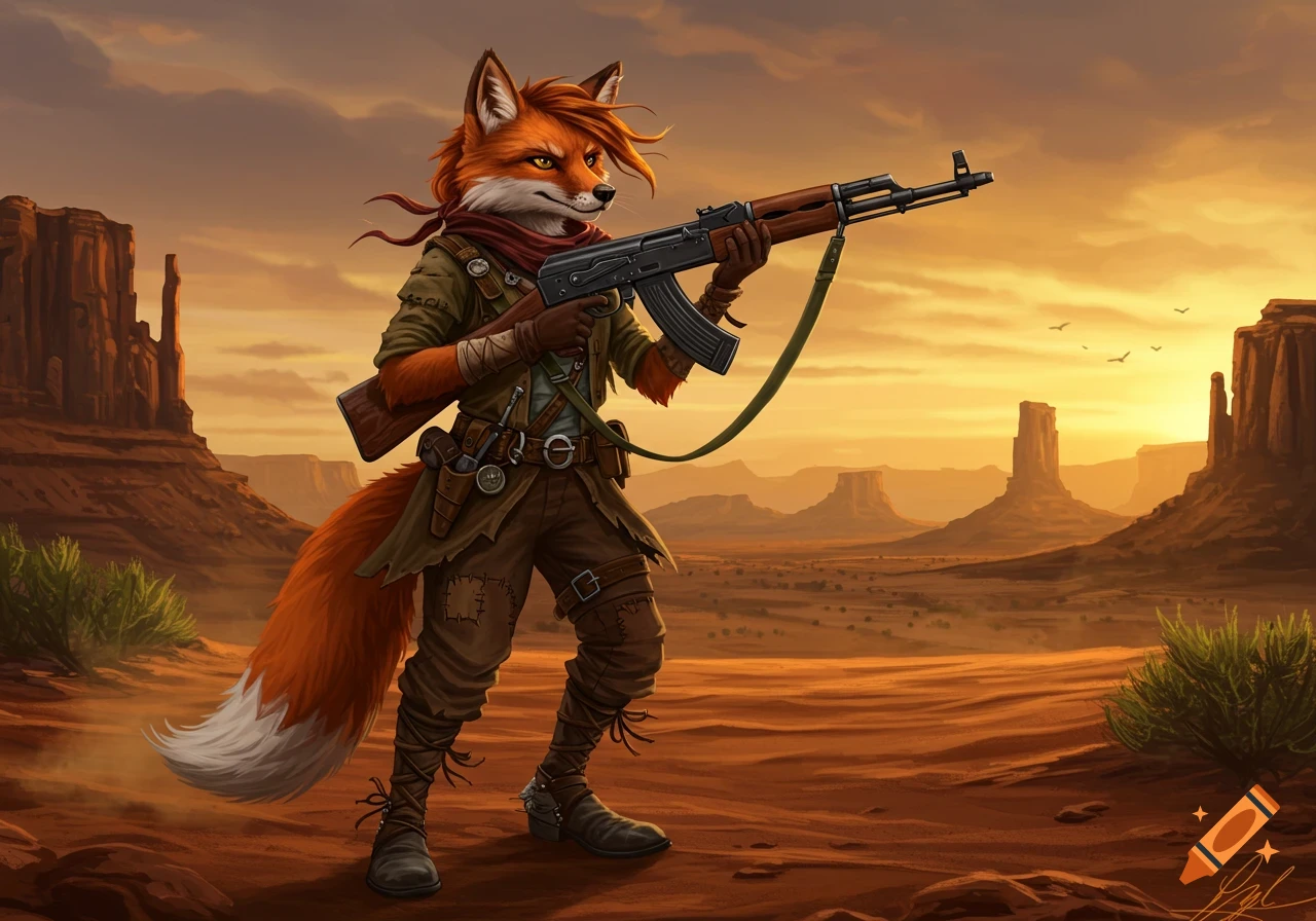 An anthropomorphic red fox character, dressed as an outlaw, stands in a ...