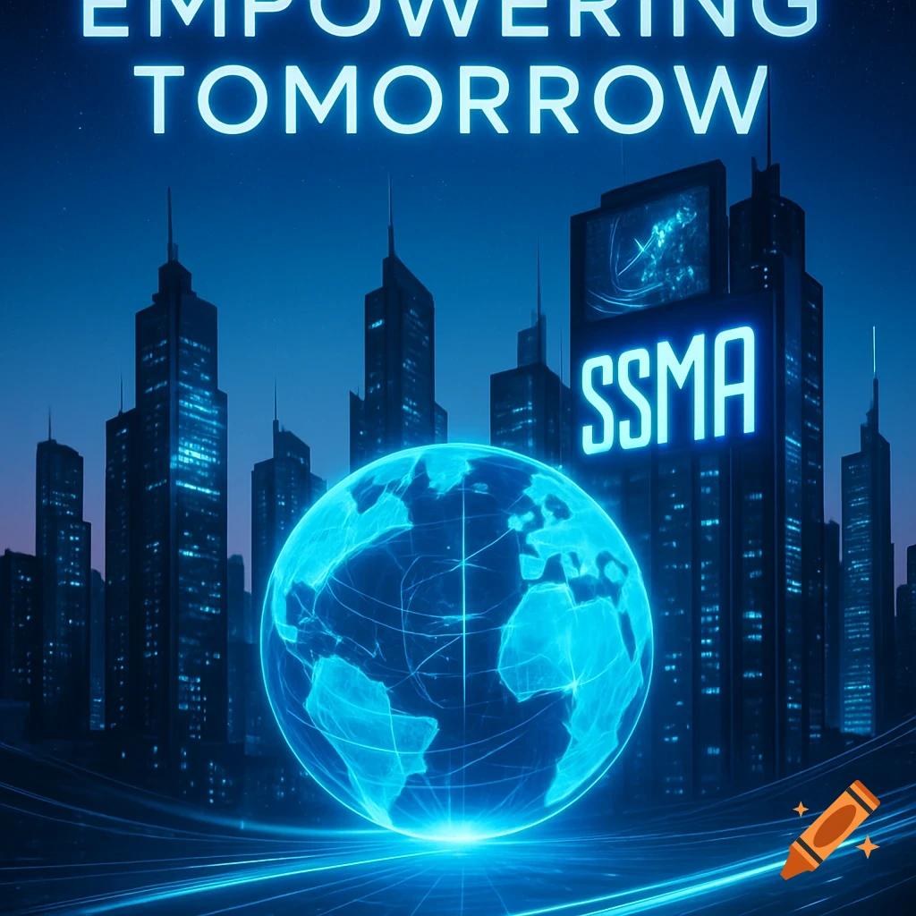 A futuristic blue-toned cityscape at night with glowing skyscrapers and ...