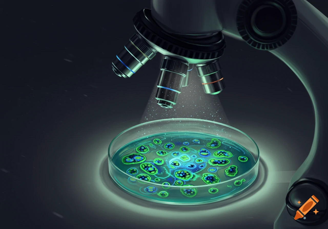 A close-up view of a microscope observing glowing green and blue ...