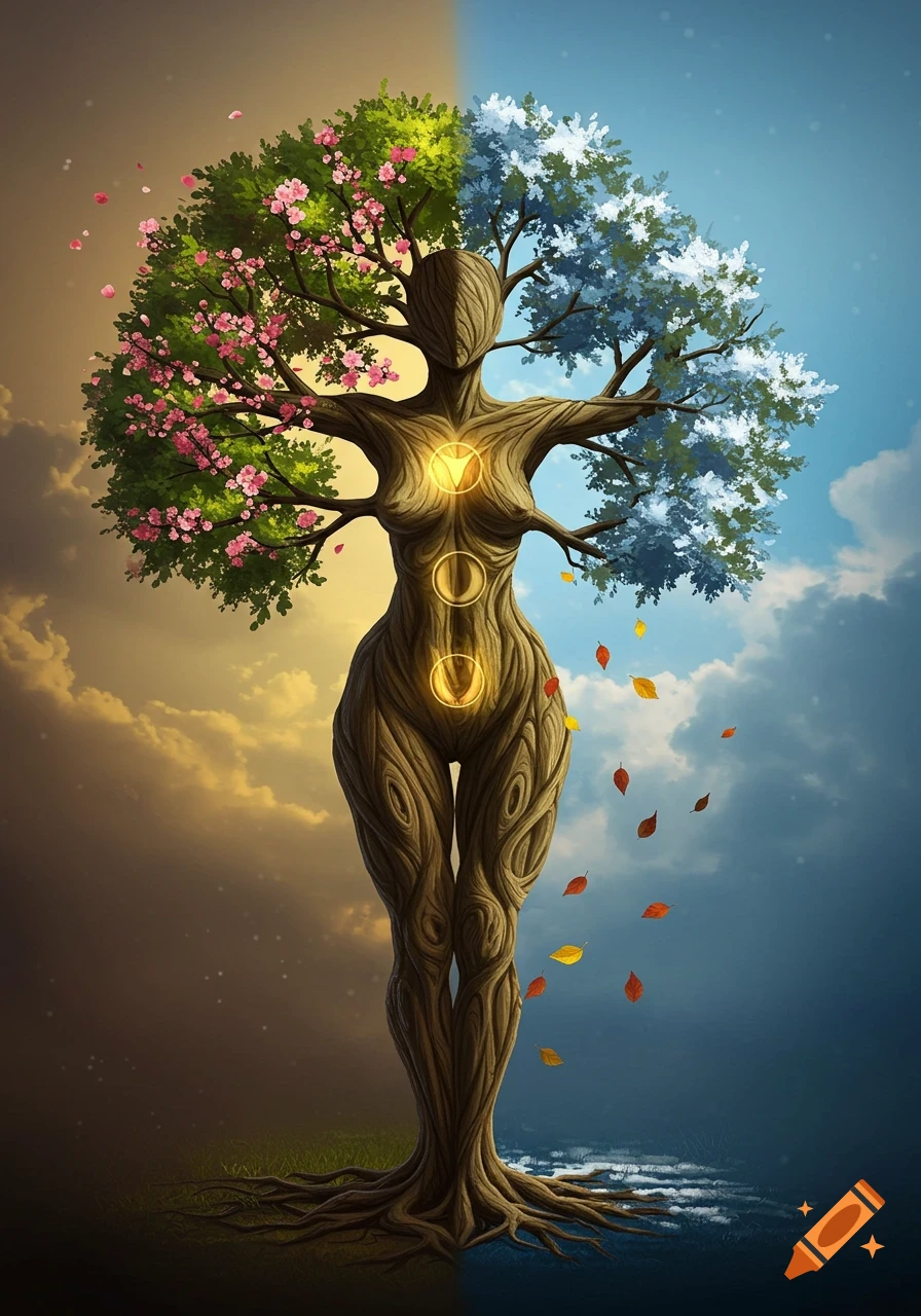 A fantasy landscape split into sunny spring with flowers and ...