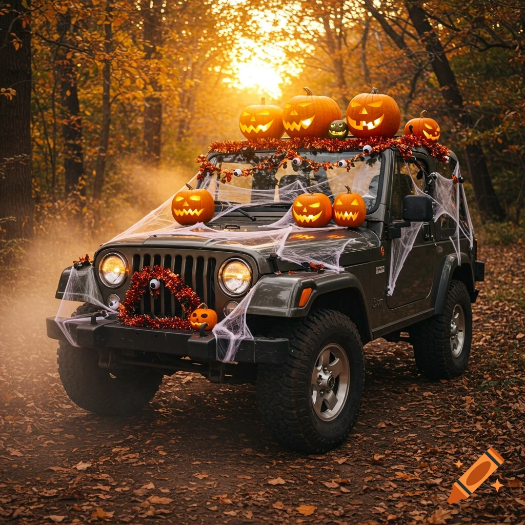 A photorealistic image of a dark green Jeep Wrangler decorated with ...