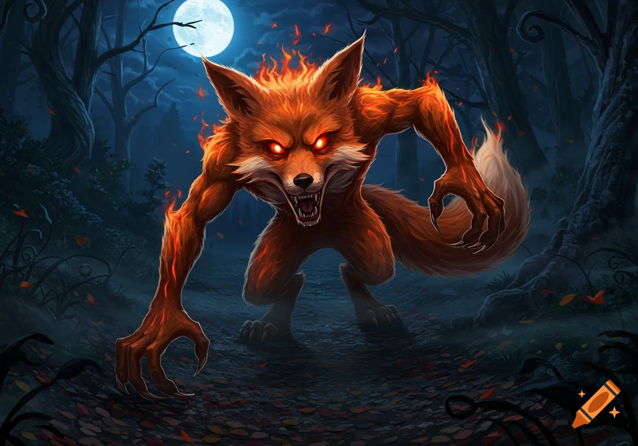 A mystical blue two-tailed cat-like creature with a fiery mane and ...