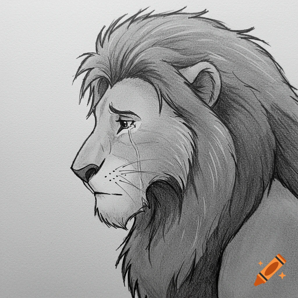 Grayscale pencil sketch of a sad, crying lion in profile, cartoon style ...