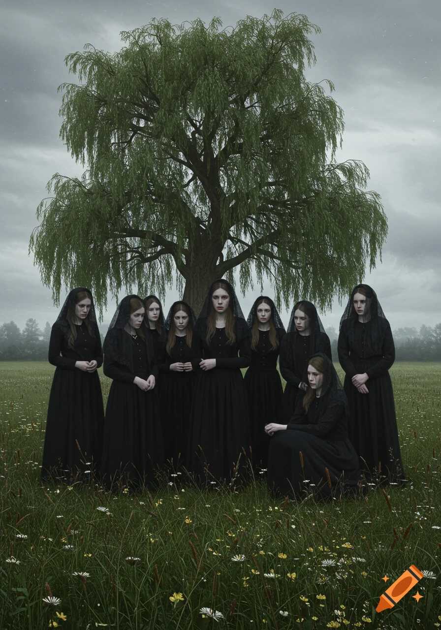 A large group of people in blue cardigans and black skirts. Women stand ...