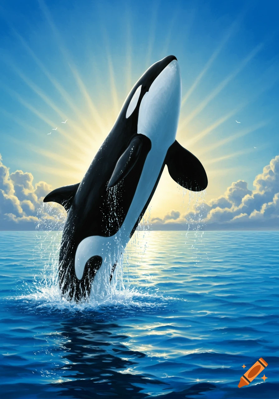 An orca leaps majestically out of a blue ocean under a bright sunburst ...
