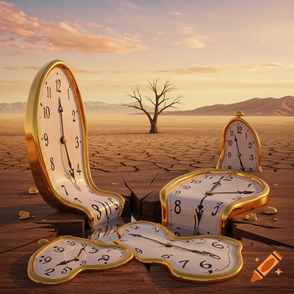A surreal painting depicts several melting gold clocks scattered across ...