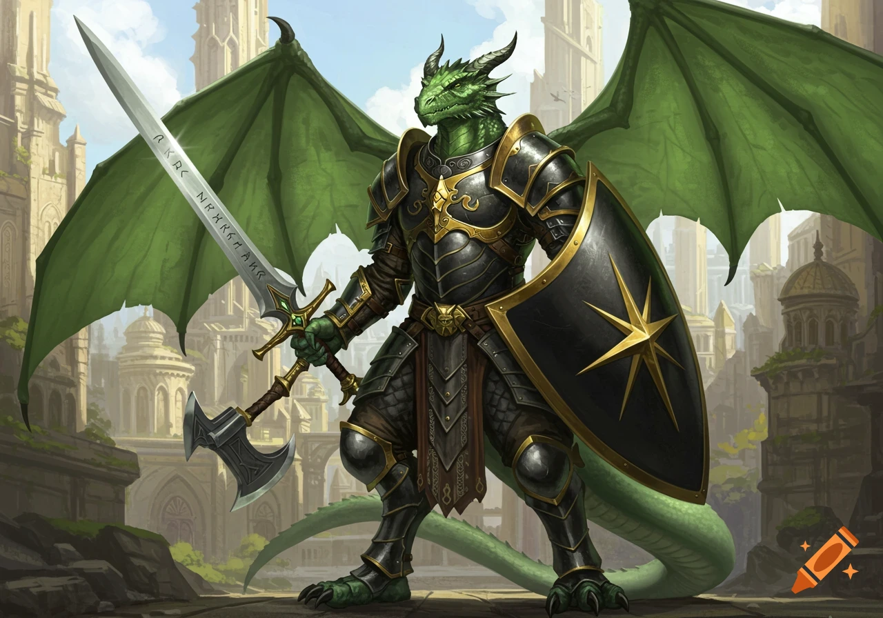 An emerald green dragonborn knight in black scale armor with golden ...
