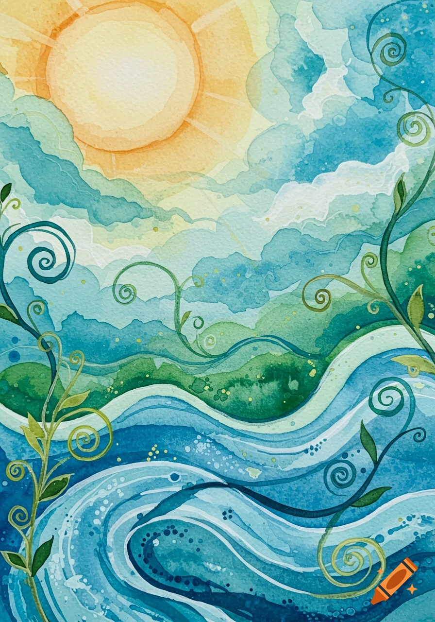 Abstract watercolor landscape with a bright sun, blue sky, green hills ...