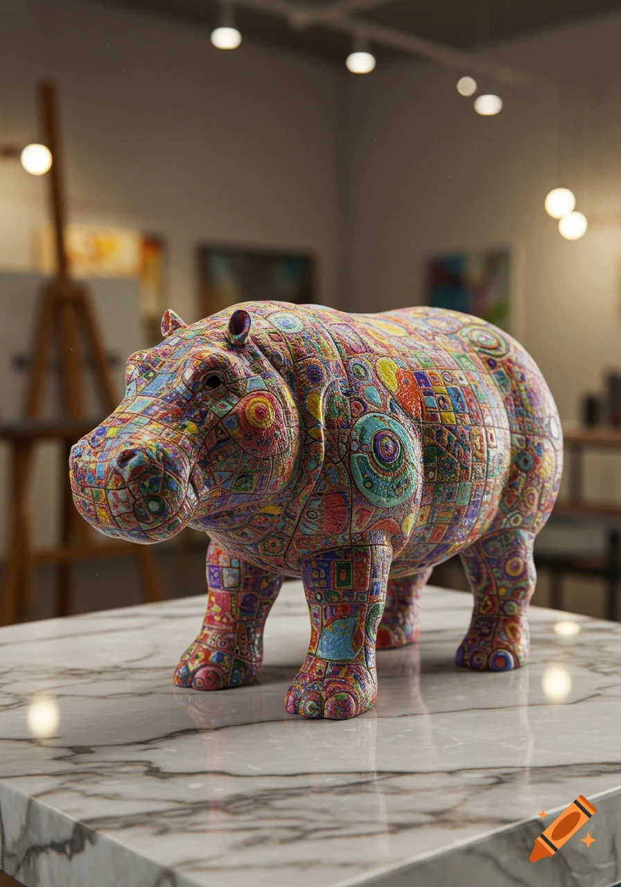 A realistic sculpture of a hippo covered in colorful, mosaic-like ...