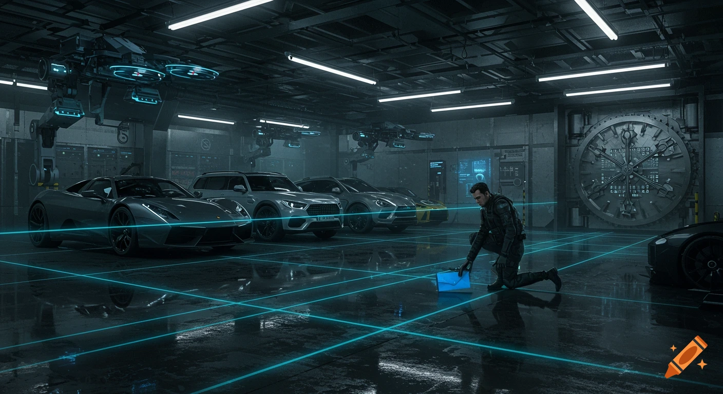 A spy kneels in a futuristic underground garage with luxury cars ...