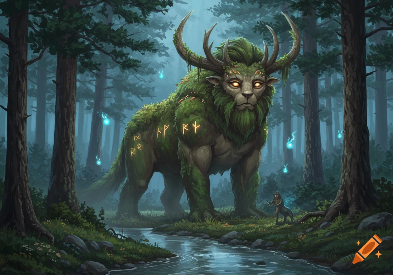 A fantastical spider-lion-serpent hybrid monster stands in a glowing ...