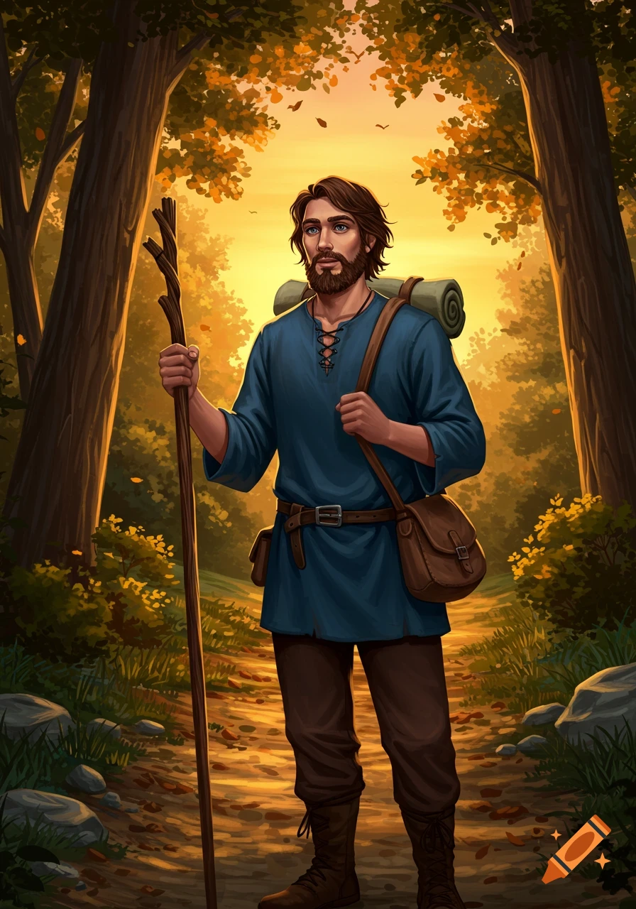 A medieval pilgrim with a beard and brown hair, dressed in blue and ...