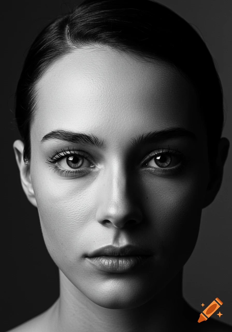 Close-up black and white studio portrait of a woman with sharp eyes and ...