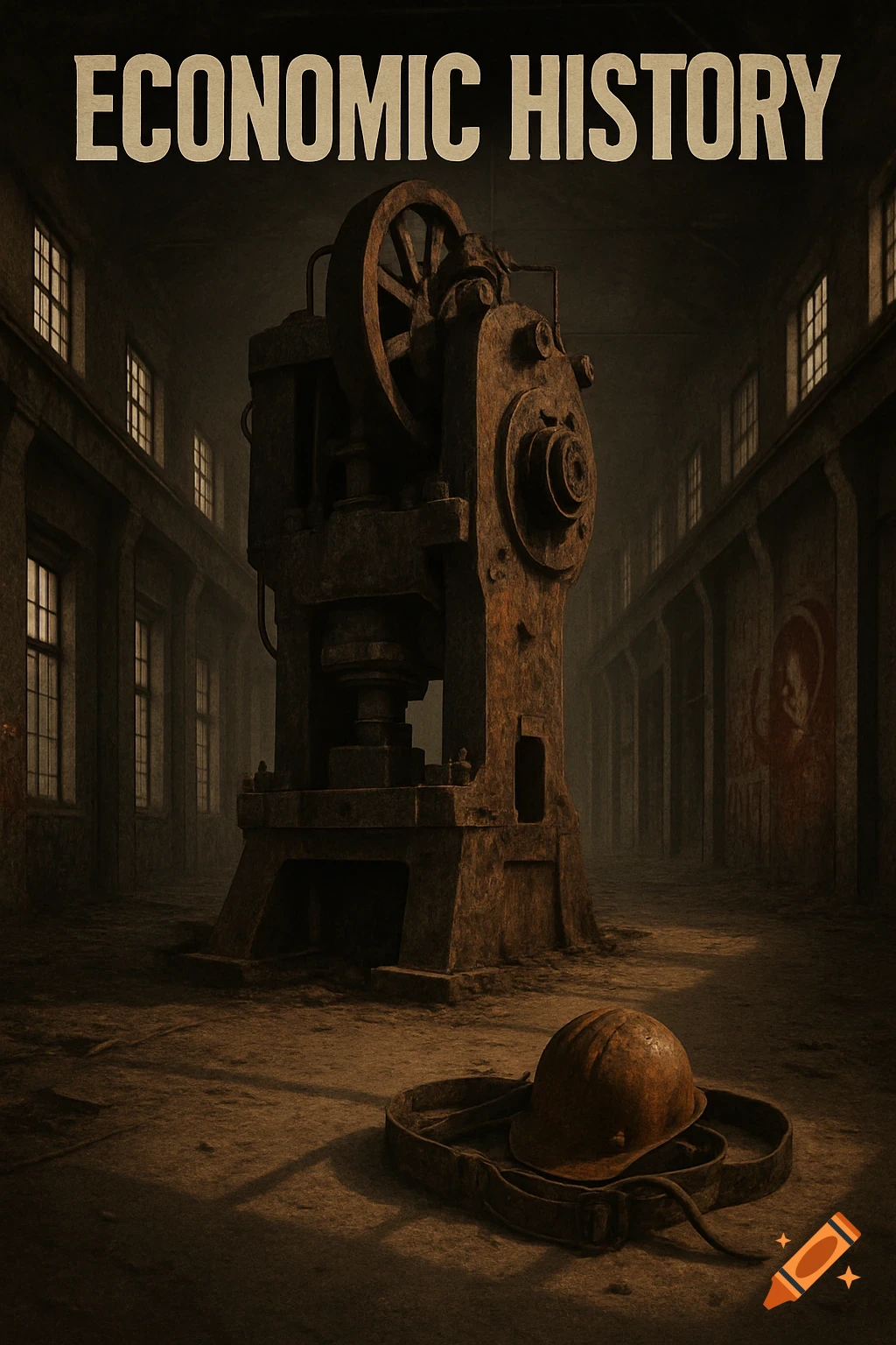 A dark, gritty poster: rusty industrial press in a factory, hard hat on ...