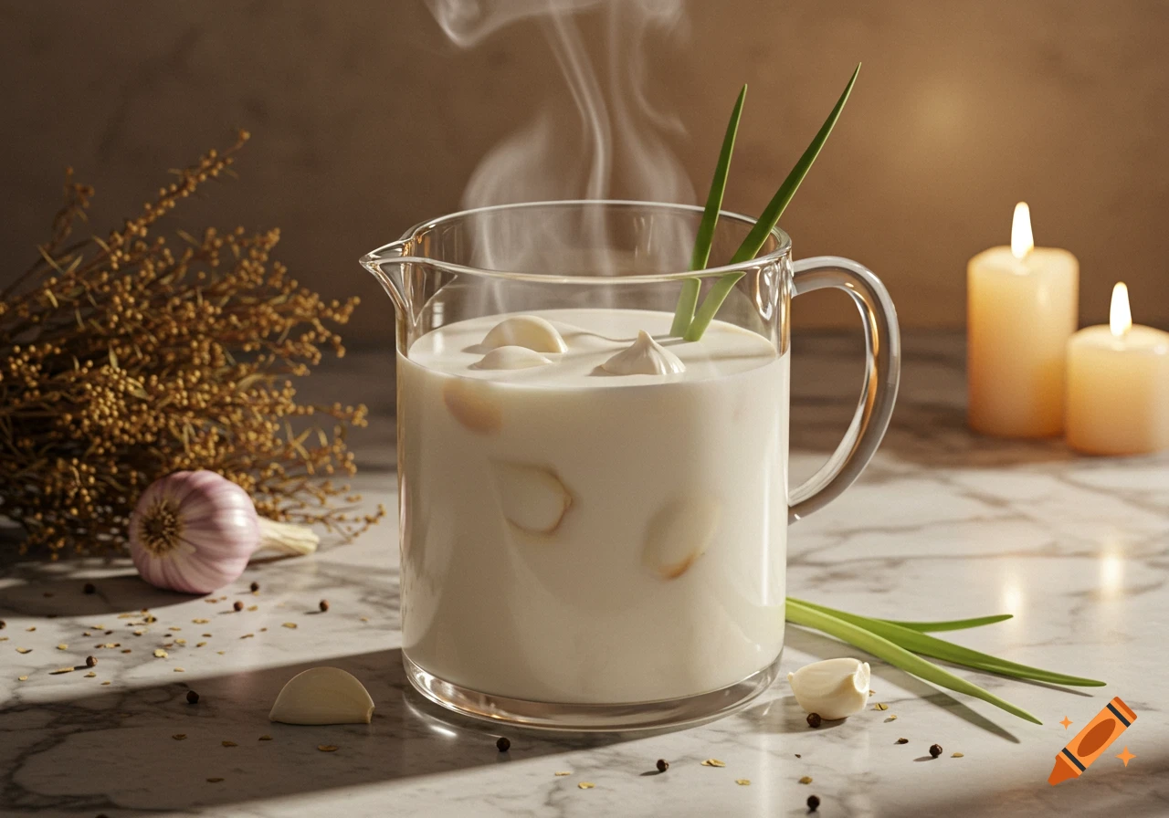 Photorealistic still life of steaming garlic milk in a pitcher with ...