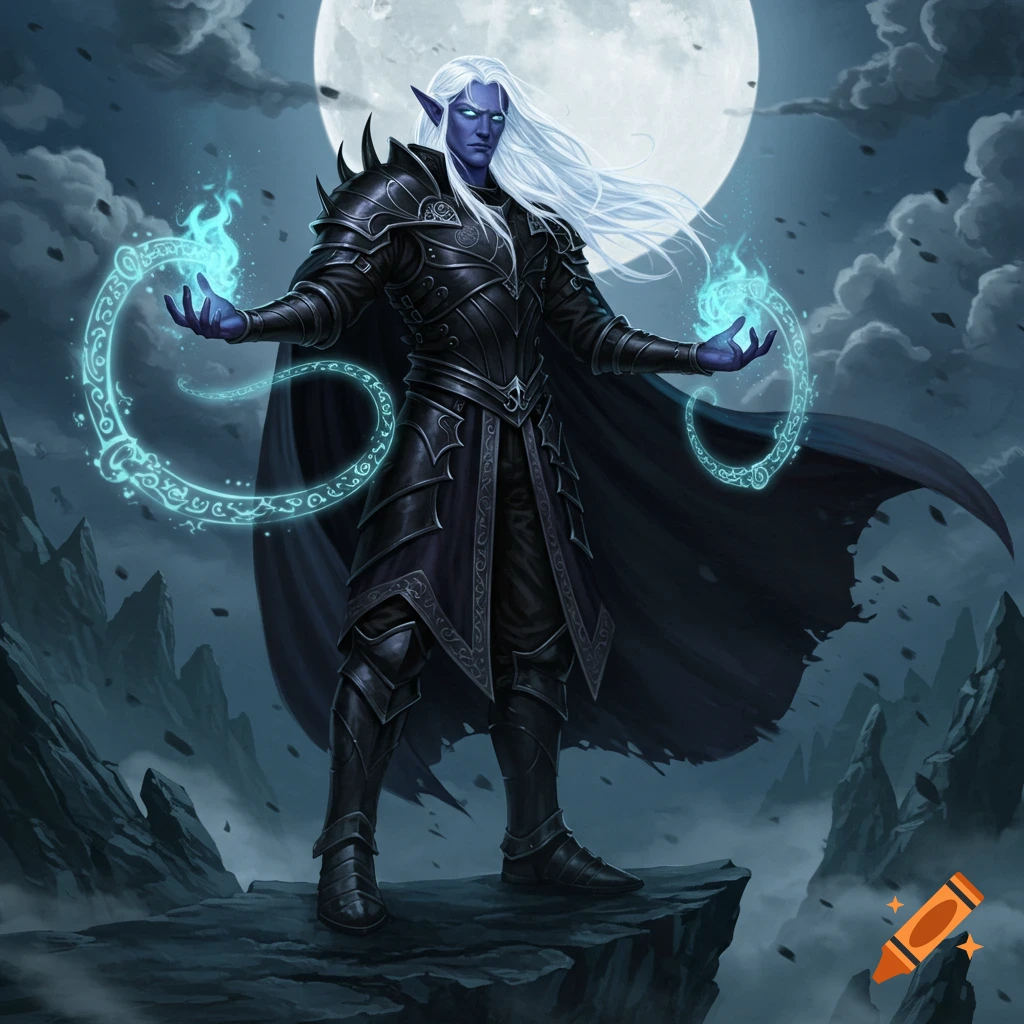 A dark-skinned male drow warlock with white hair, glowing eyes, and ...