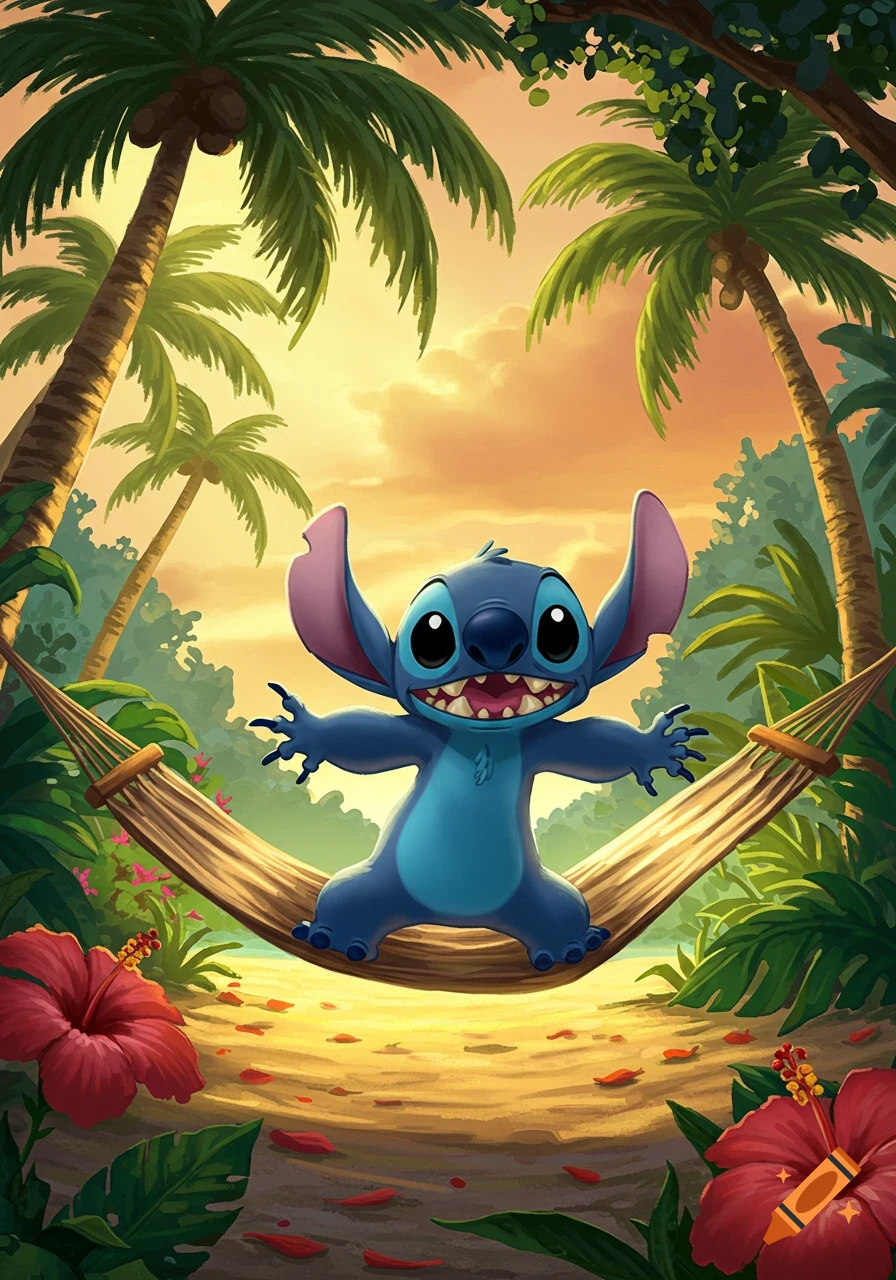 Stitch surfing on a rainbow surfboard on a giant wave in space, with ...