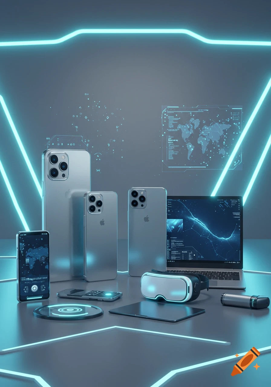 Modern smartphones, laptop, VR headset, and tech gadgets on a ...