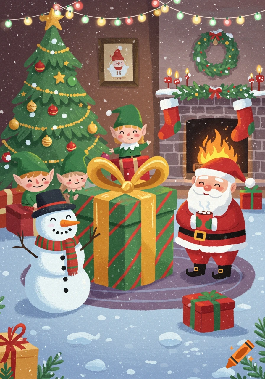 A festive cartoon Christmas scene with Santa, elves, a snowman, a ...