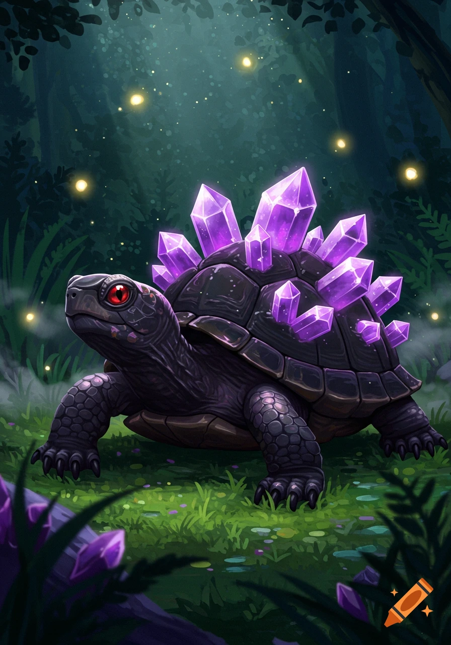 A fantasy turtle with a dark shell, vivid purple crystals on its back ...