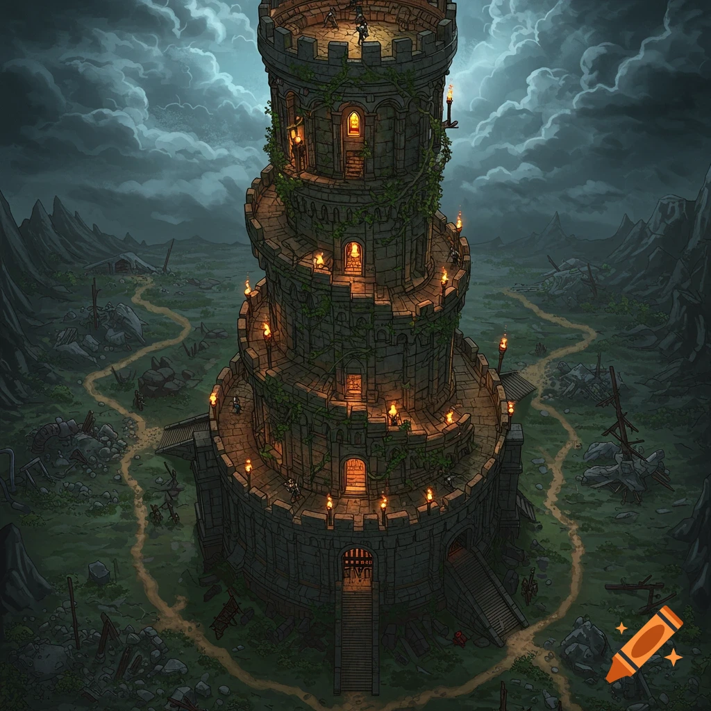 Overhead view of a fantasy stone tower with a spiral path and torches ...