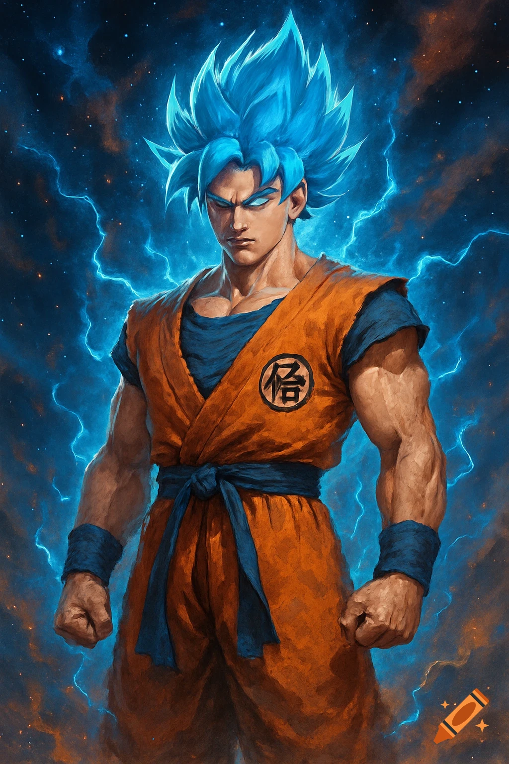 Son Goku in his orange gi stands in a snowy, volcanic mountain ...