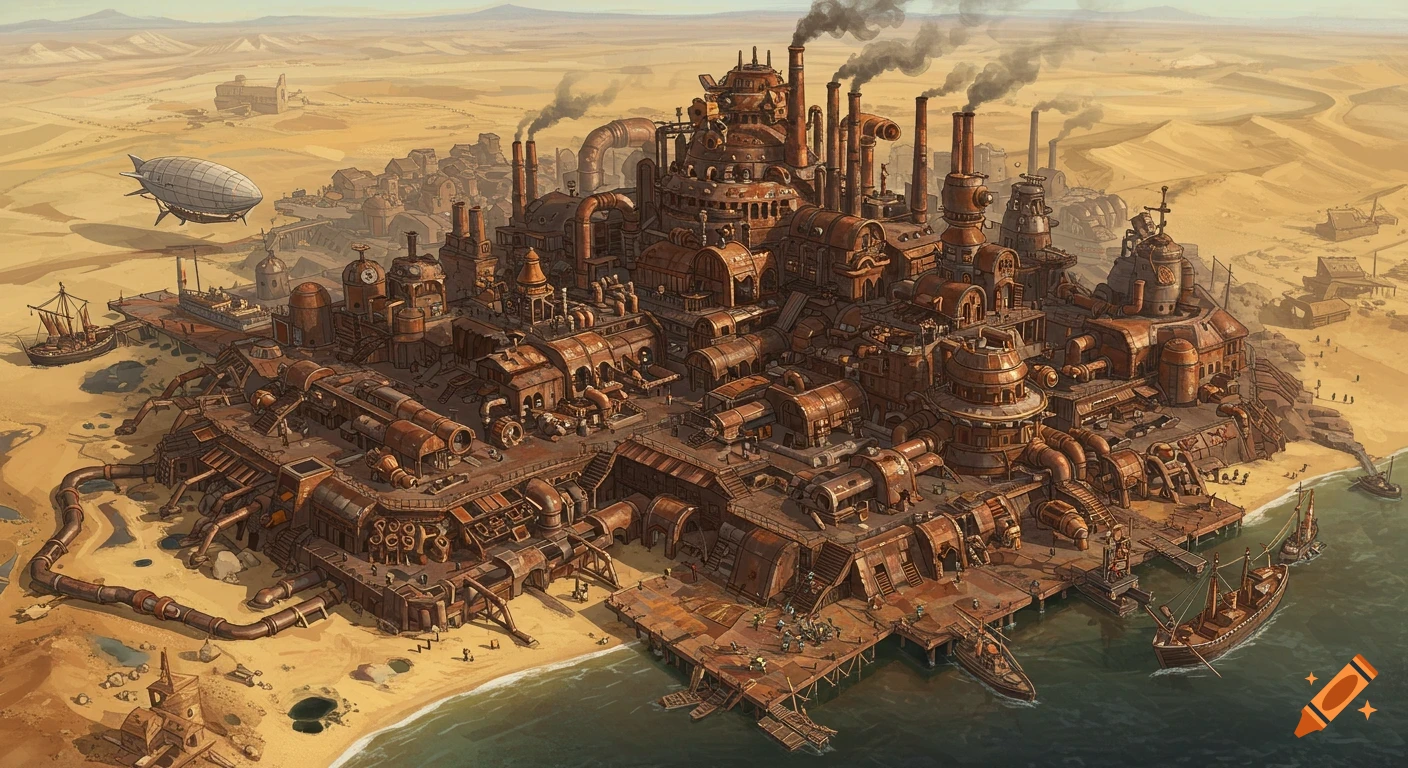 An aerial illustration of a sprawling steampunk industrial city on a ...