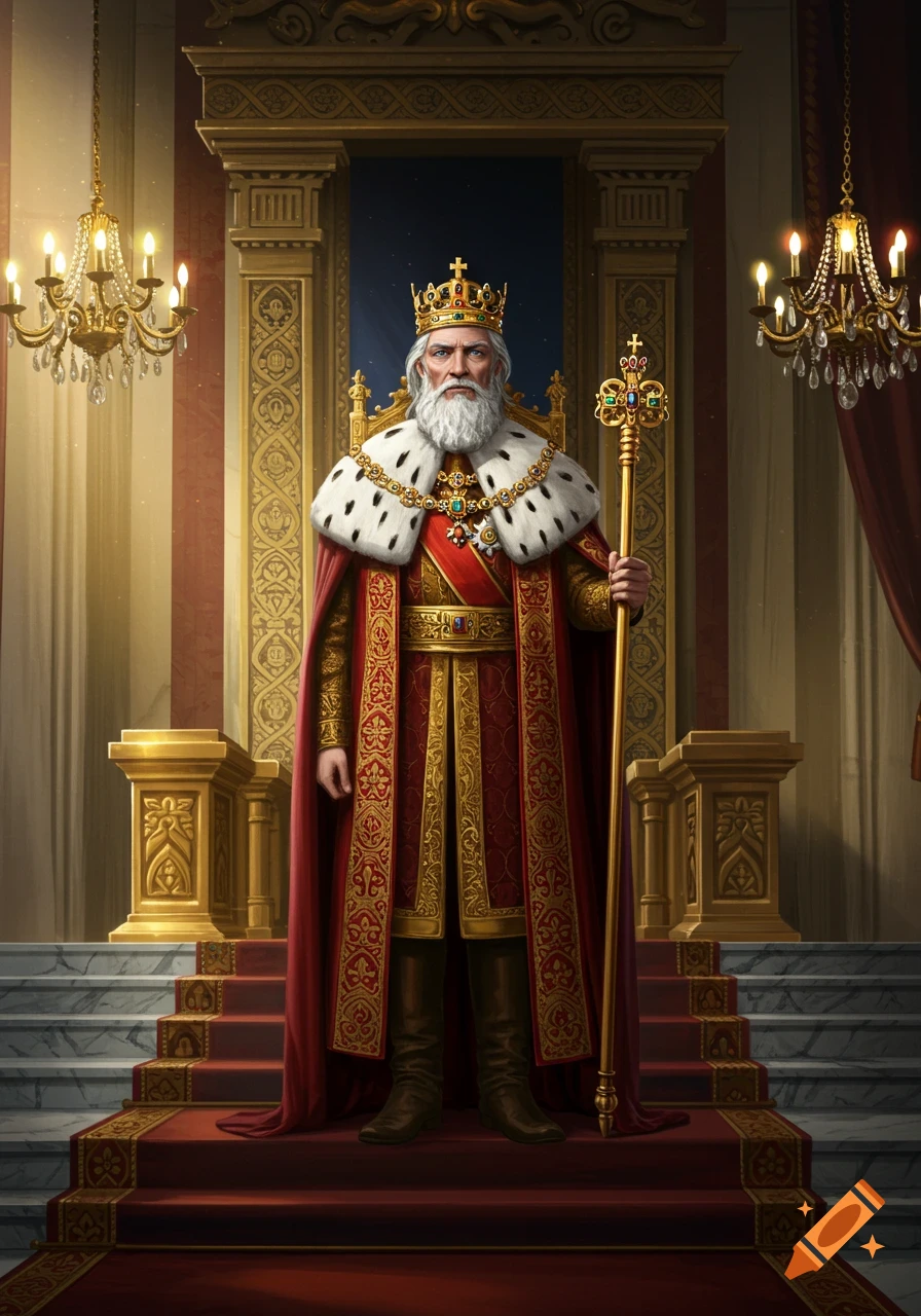 A king in ornate red and gold robes stands on a cliff overlooking a ...