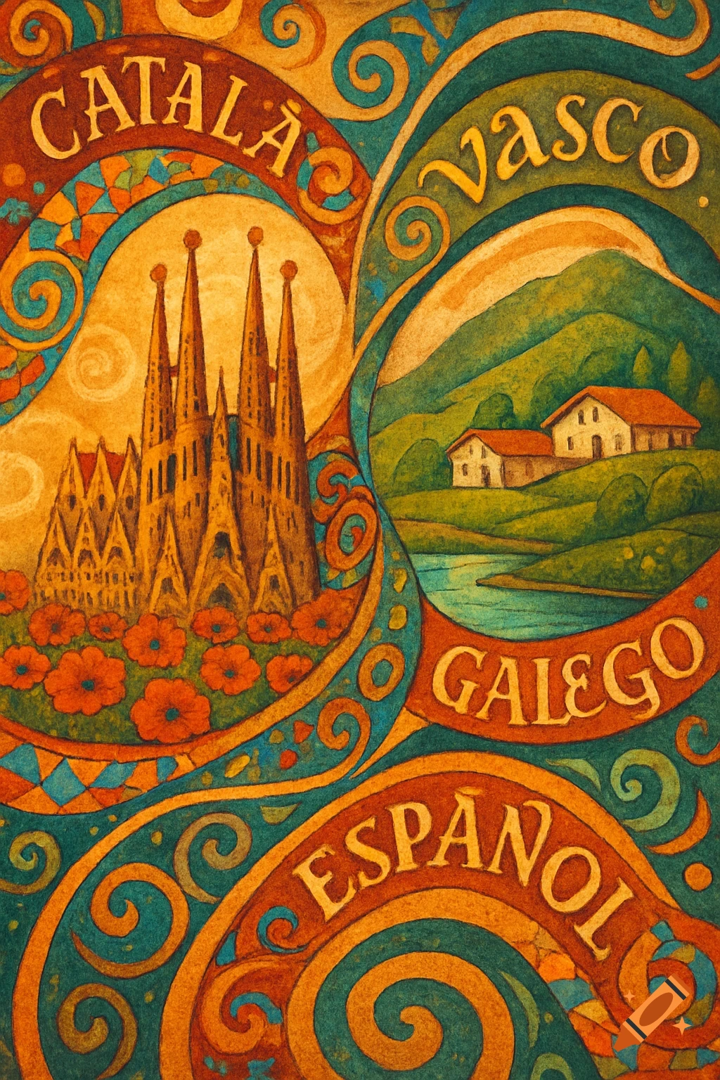 Colorful stylized illustration of Spain's languages and landmarks ...