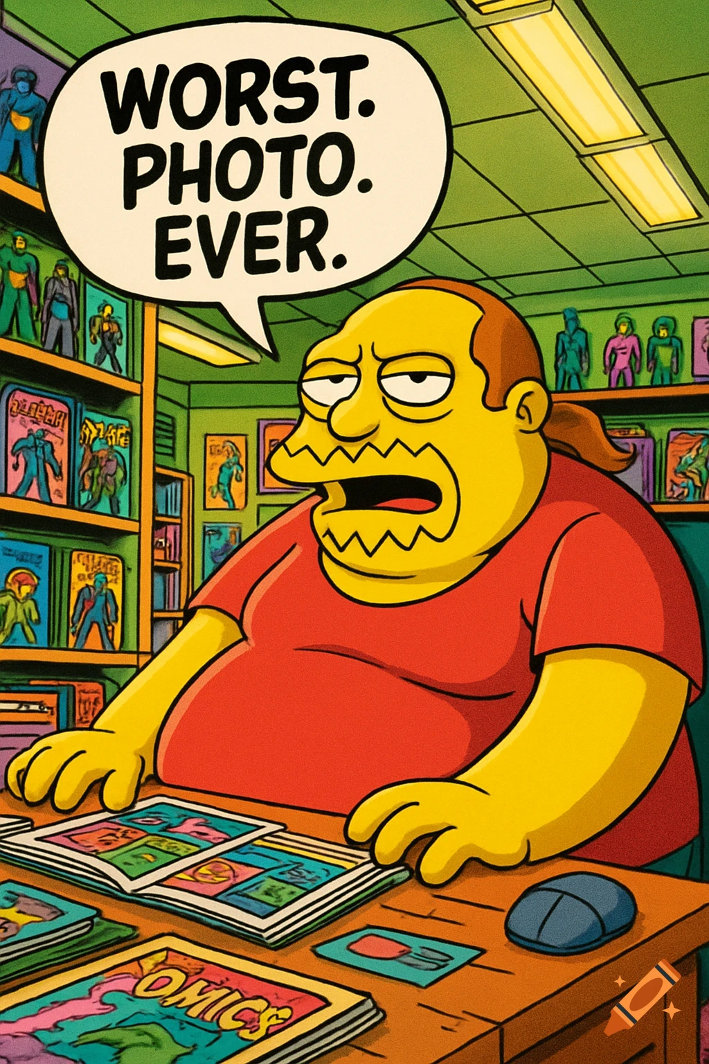 Cartoon of Comic Book Guy from The Simpsons at a desk with comics, saying 'WORST. PHOTO. EVER ...