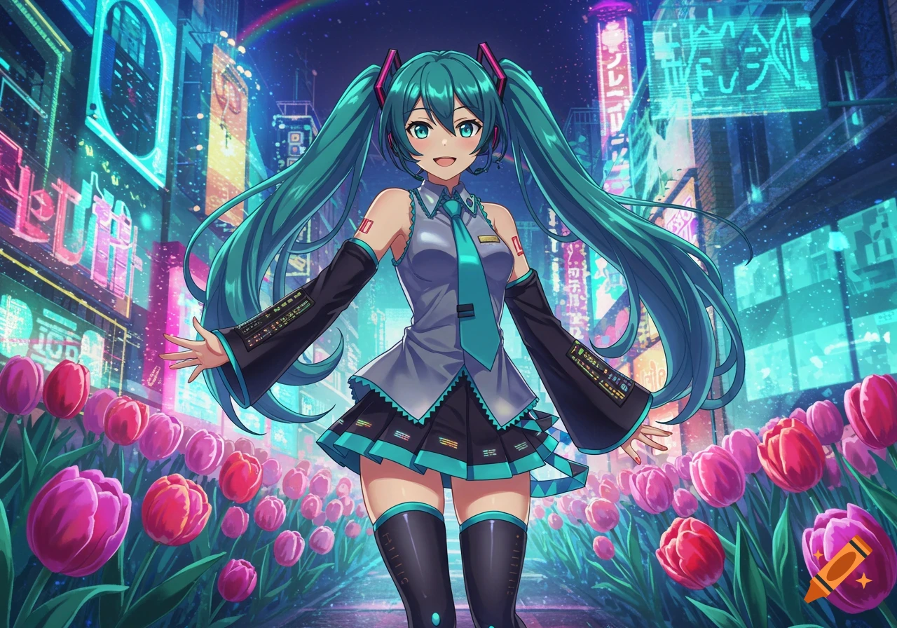 Hatsune Miku in anime style, using binoculars in a field of wildflowers ...