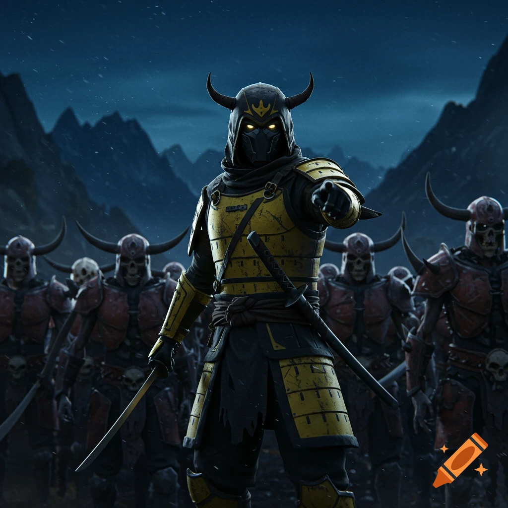 A warrior in yellow and black ninja armor points forward, leading a ...