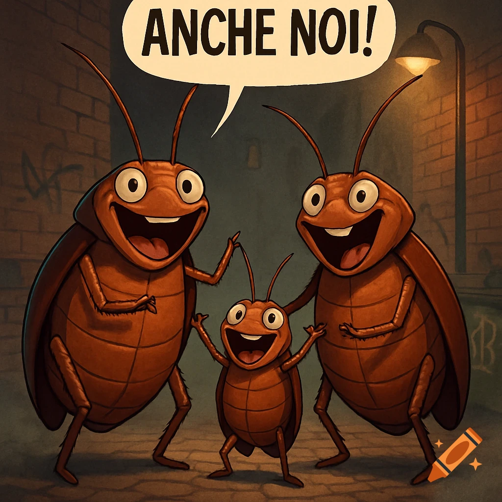 Two happy cartoon adult cockroaches and one child cockroach in an alley ...
