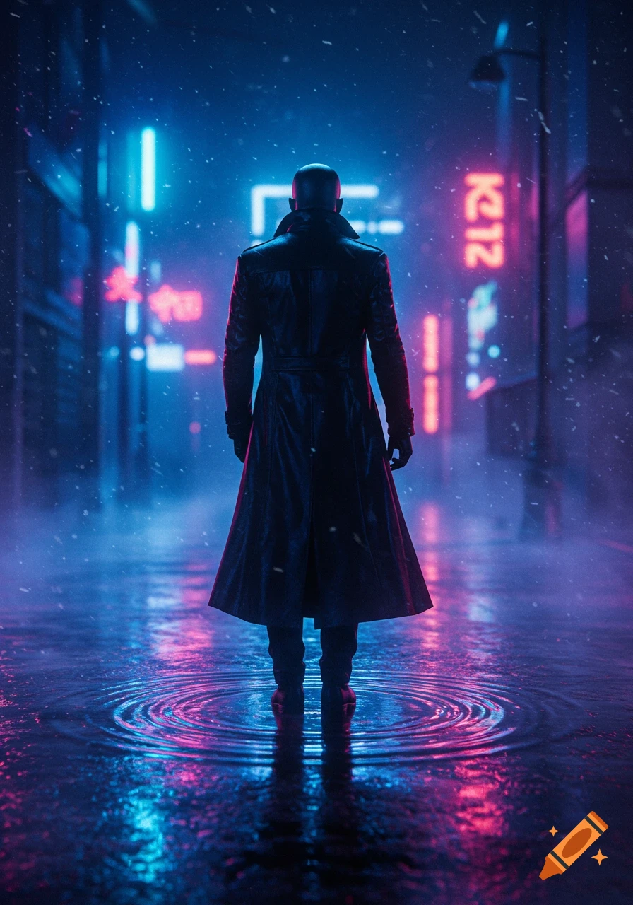 A masked man in a black trench coat stands in a rainy, neon-lit ...