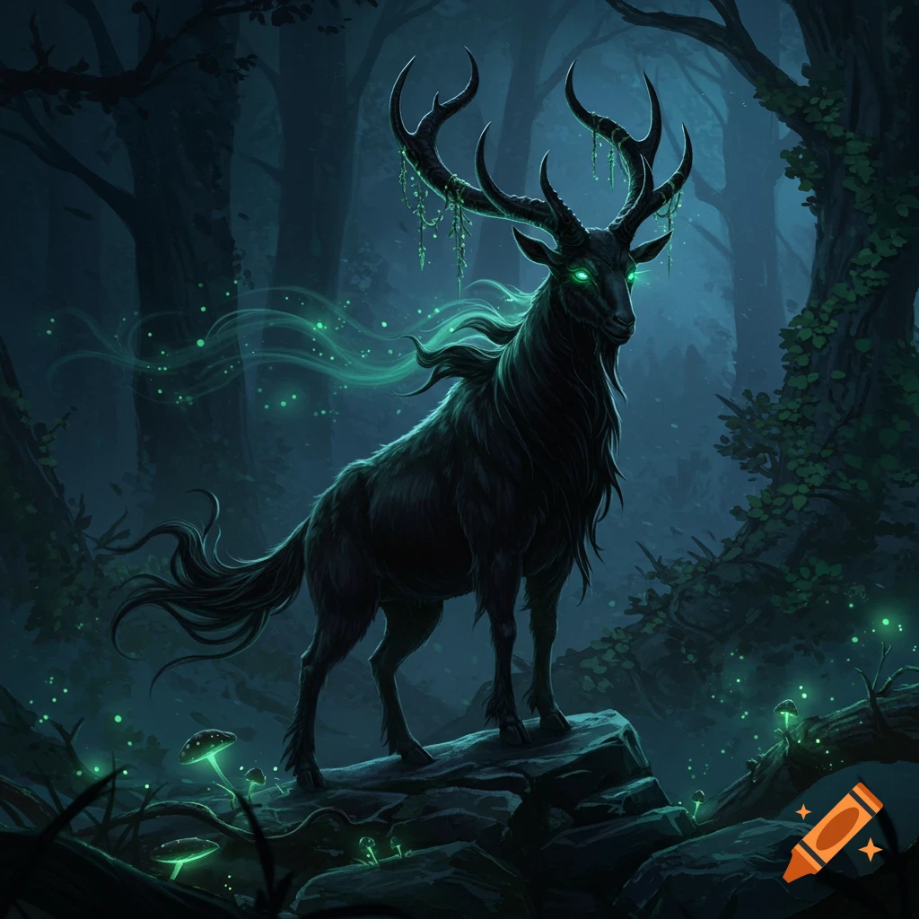 A dark, mystical forest scene featuring a black, antlered creature with ...