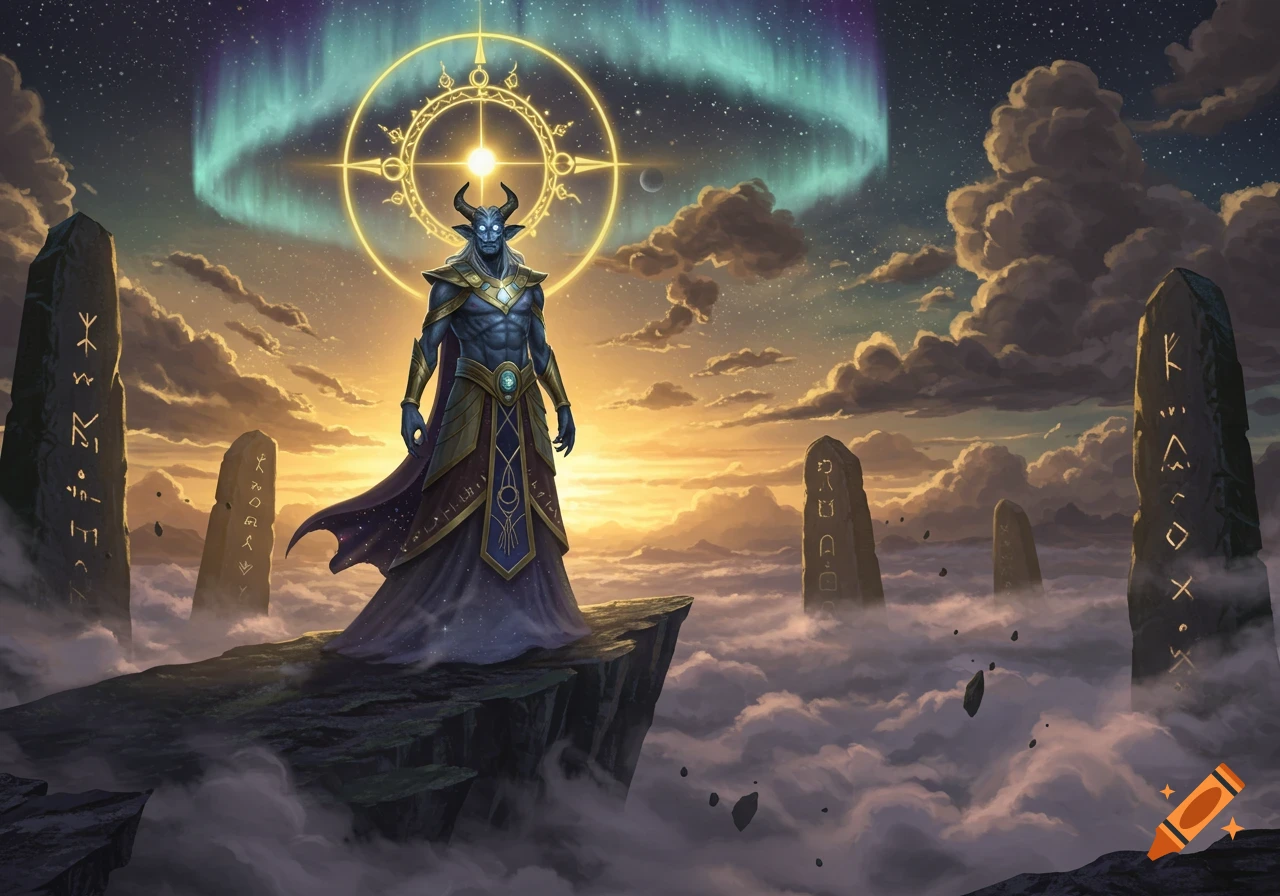 A horned, blue-skinned god-like figure with a staff and ornate robes ...