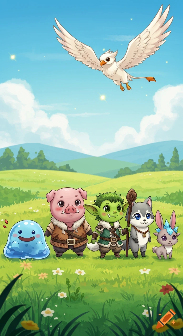 Anime-style cute fairy characters with wings and colorful hats fly over ...