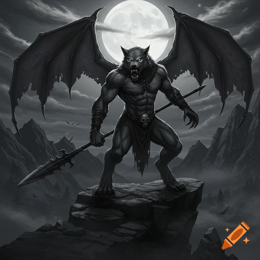 An aggressive, muscular werewolf with bat wings holds a black spear ...