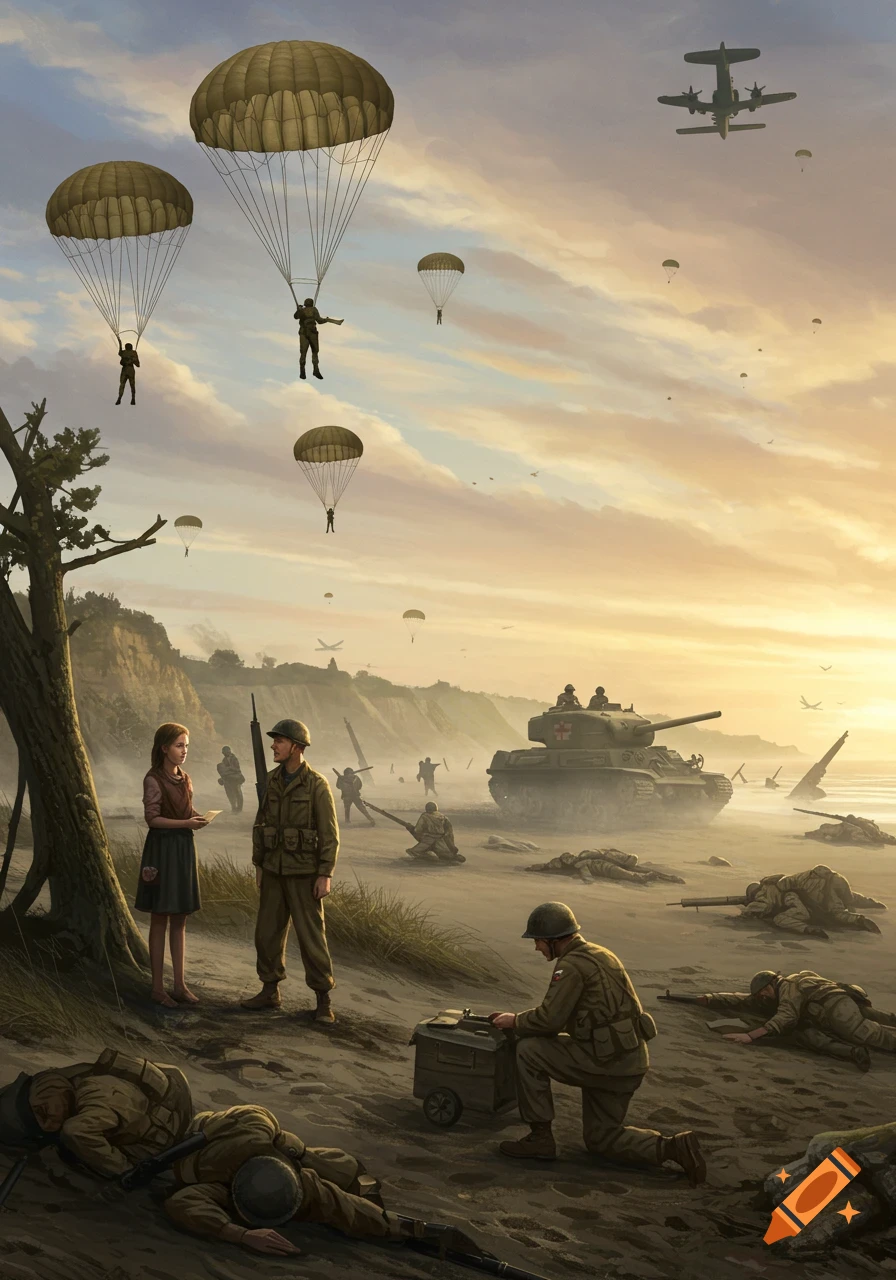 A dramatic painting of paratroopers descending over a beach during a ...