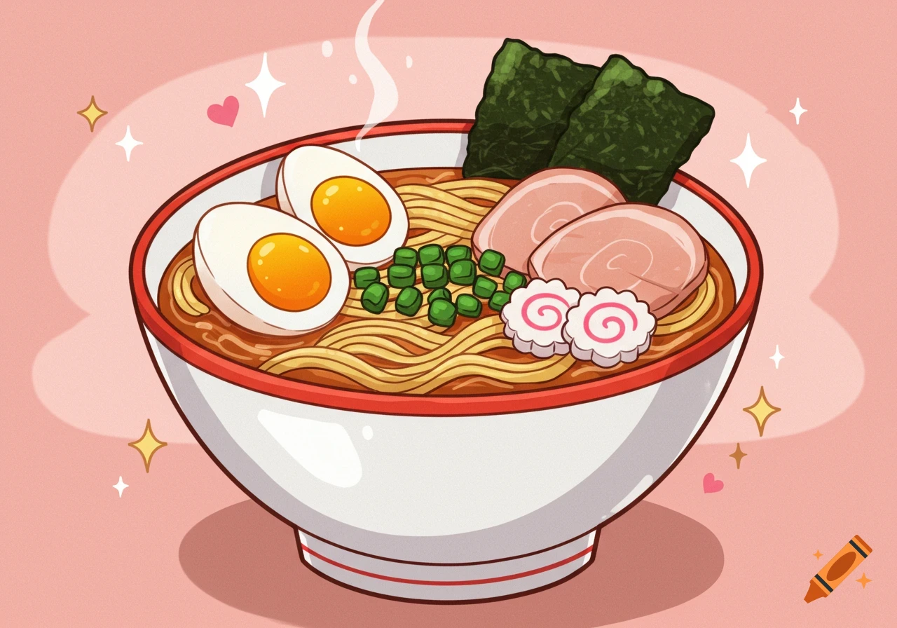 A cute, smiling cartoon ramen bowl character holds chopsticks filled ...